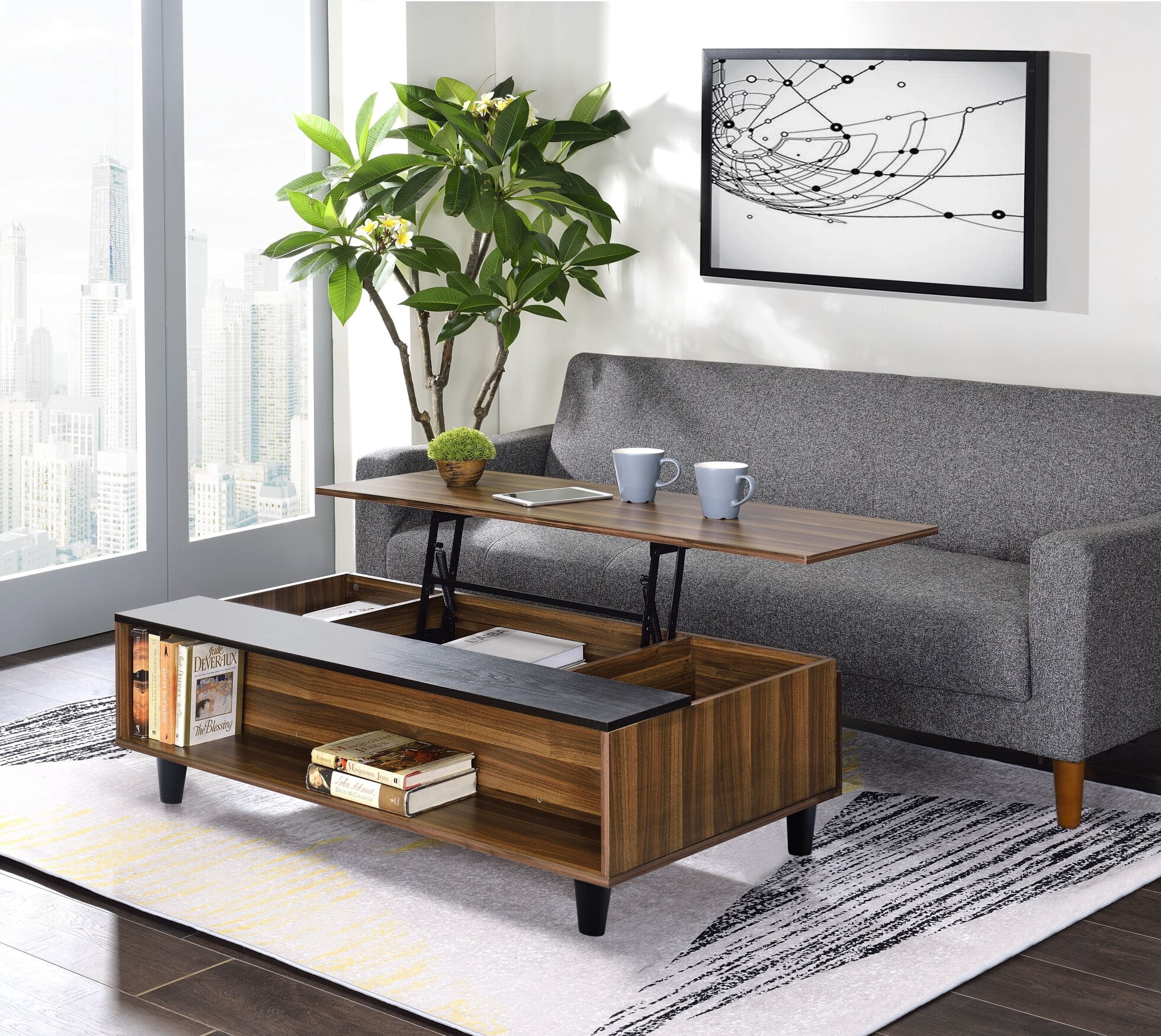 Wood Lift Top Coffee Table, Sofa Side Table with Lift Top and Hidden ...