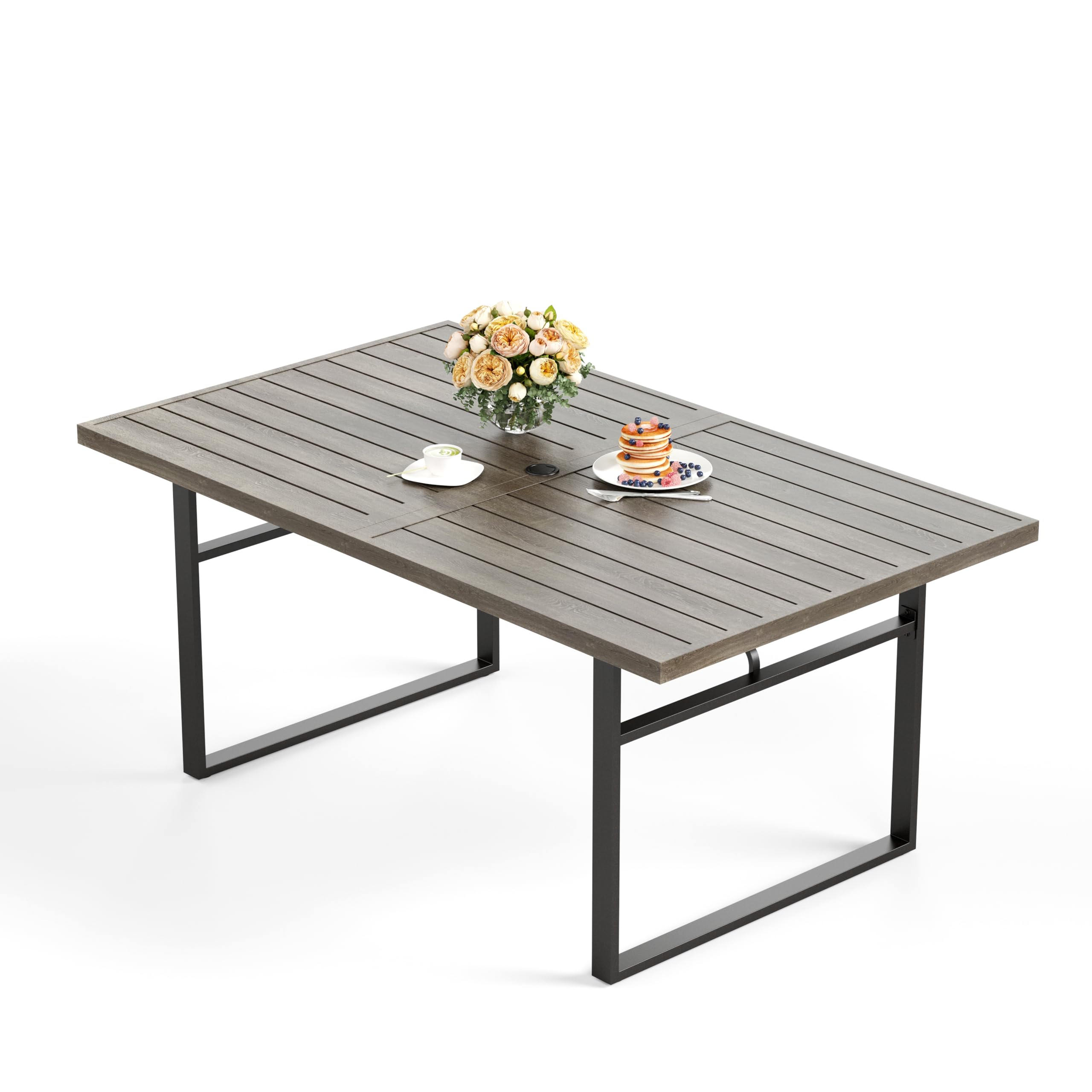 Wood-Like Metal Outdoor Table 64 Inches, Rust Resistant Steel Slat ...