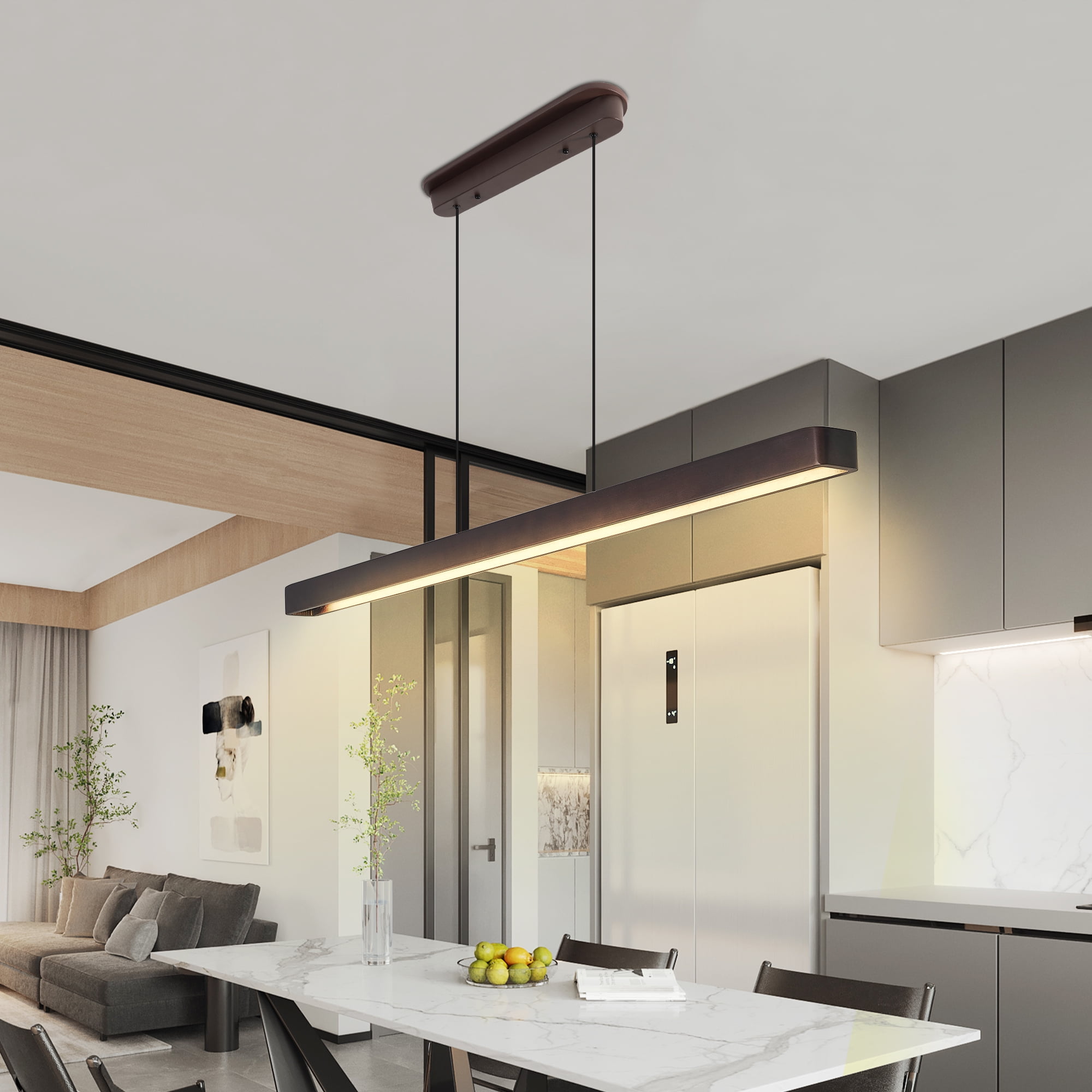 Wood Linear LED Pendant Light Linear 51.2" Dinning Room Light Island ...