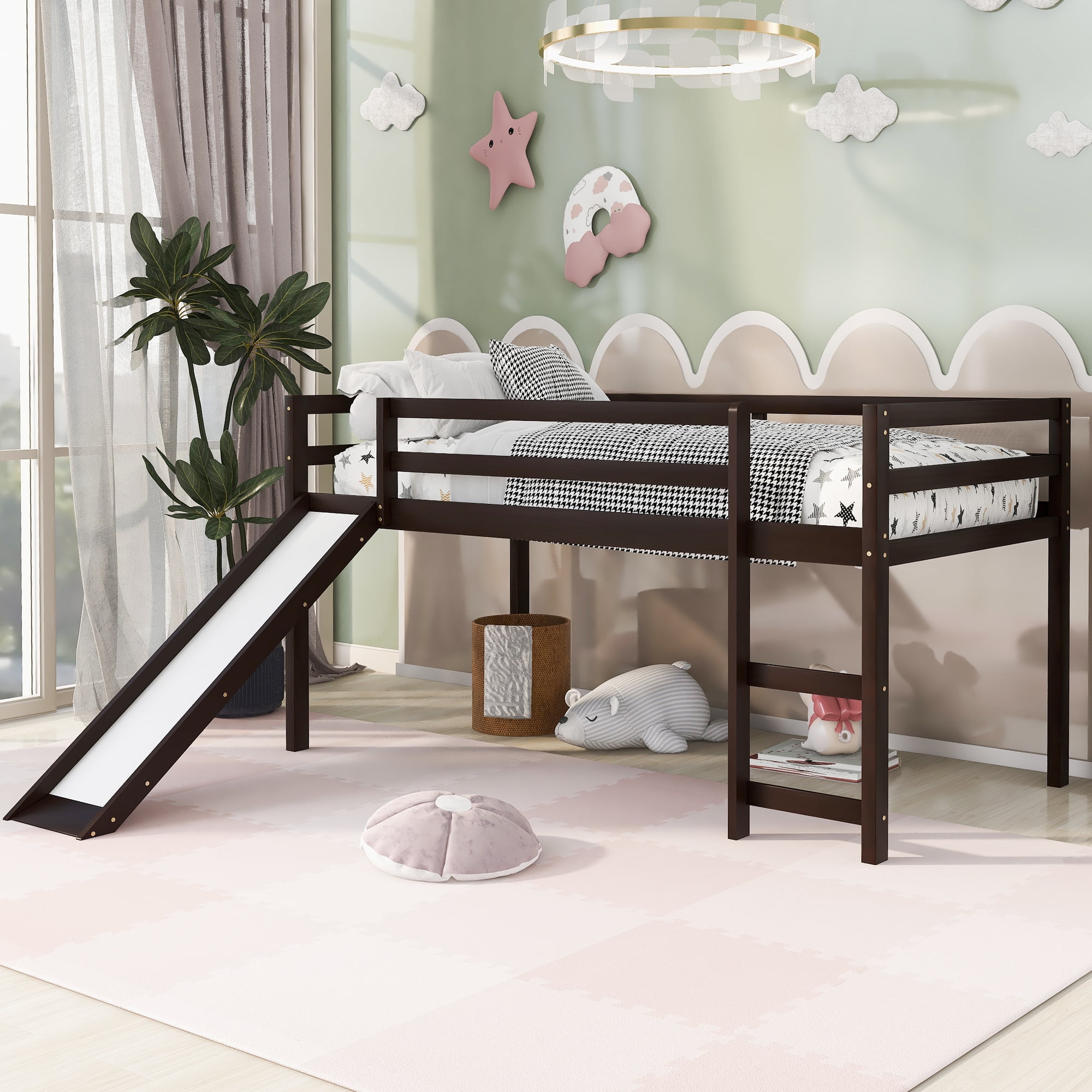 Wood Loft Bed with Slide Ladder Low Bunk Bed Kids Bedroom Furniture Bed ...