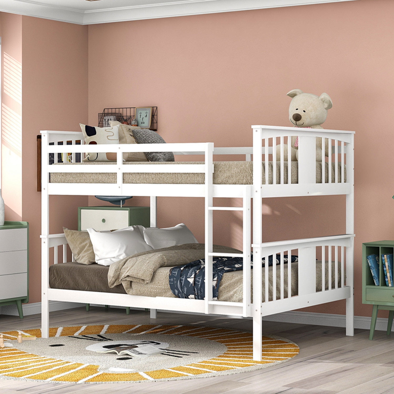 Wood Low Bunk Bed, Full over Full Frame with Ladder, Convertible, Noise ...