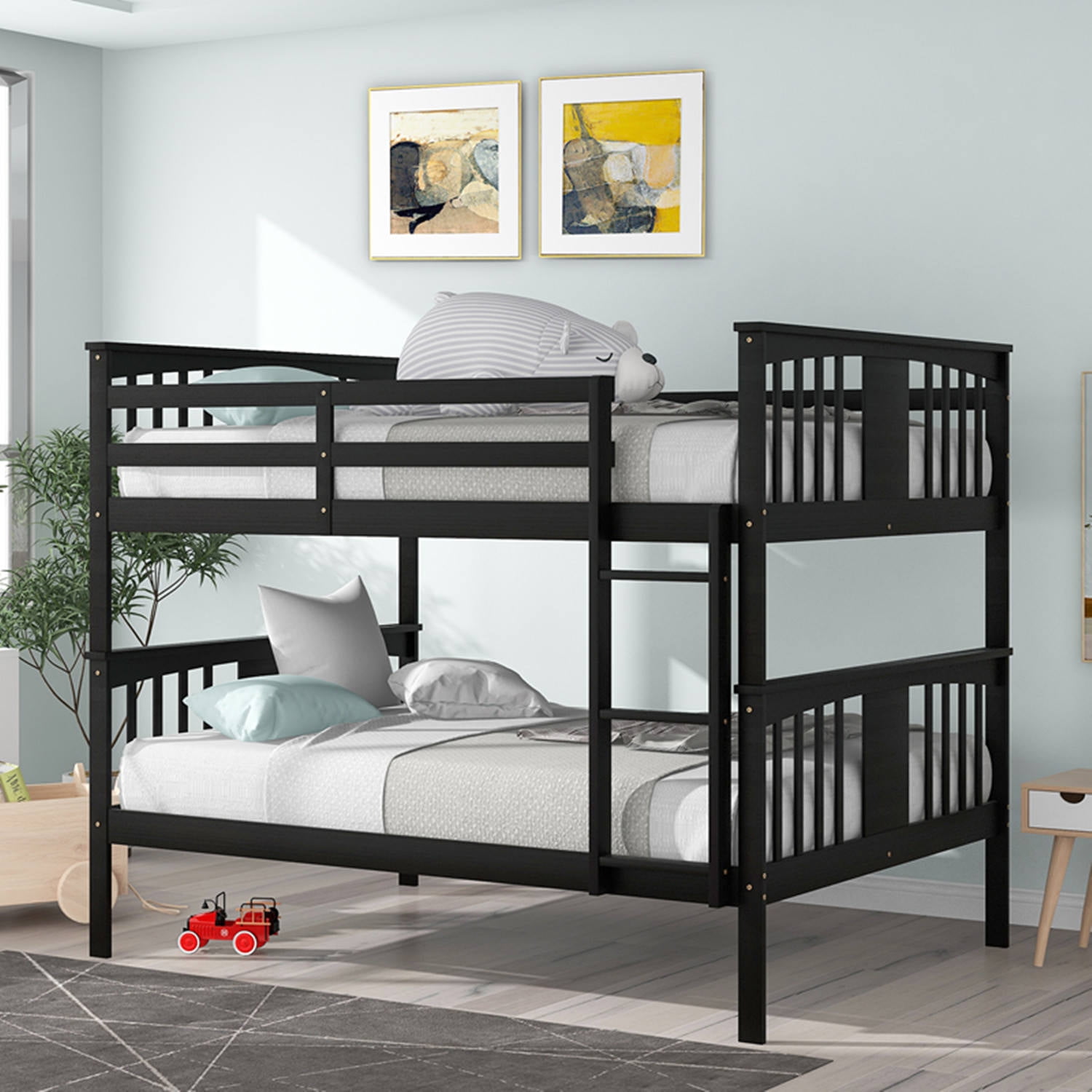 Espresso Wooden Full Bunk Bed Frame with Ladder, Guardrail, Convertible ...