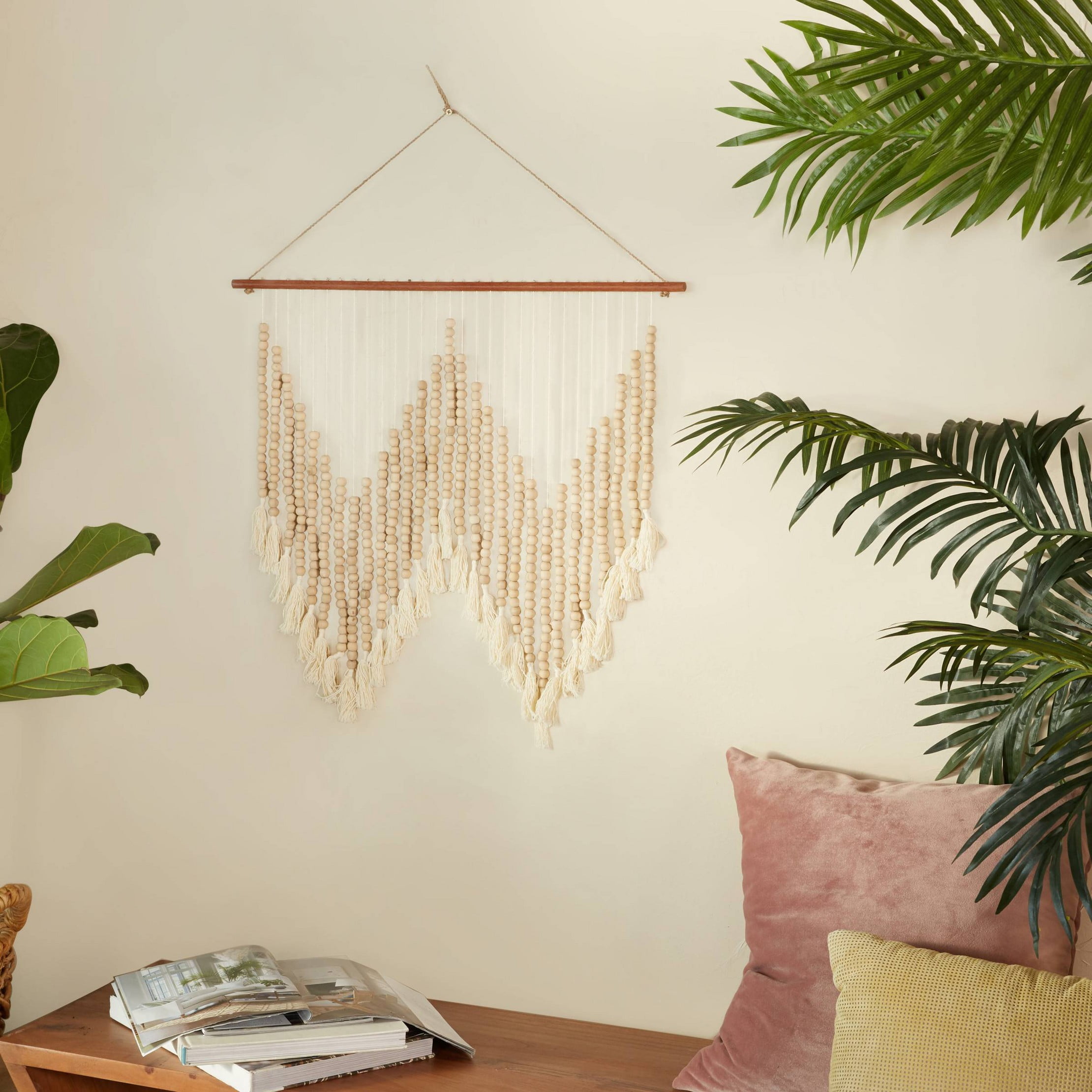 Wood Macrame Beaded Wall Decor with Fringe Tassels White: Traditional ...