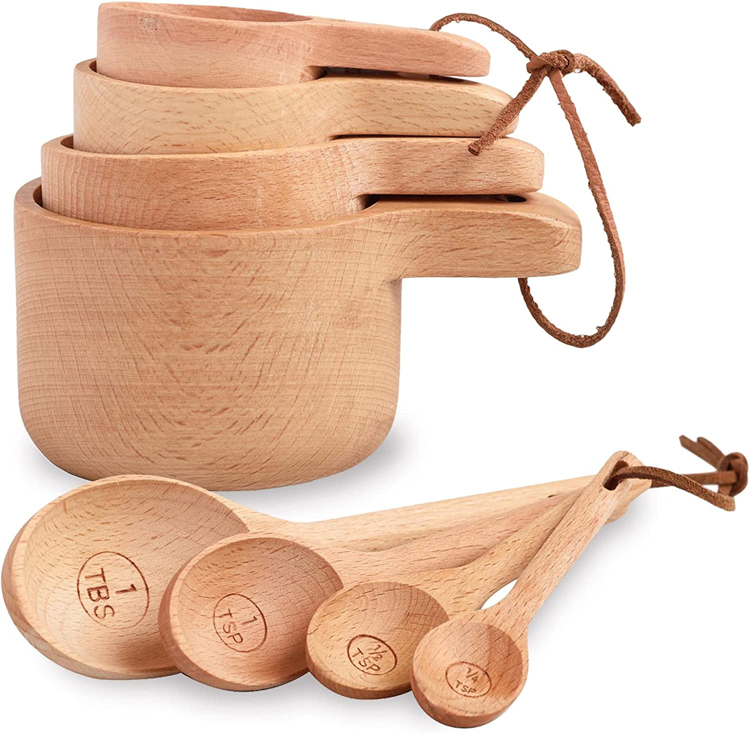 Wood Measuring Cups and Spoons Set of 8. Handcrafted with Wood Polish ...