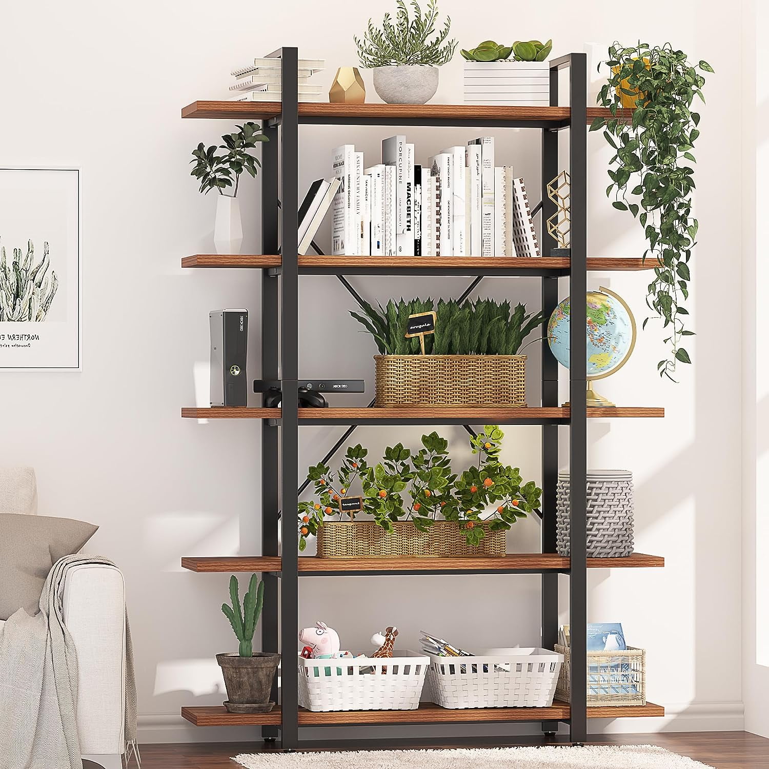Wood and Metal Minimalist 5 Tier Bookshelf Large Tall Open Rustic Wide ...