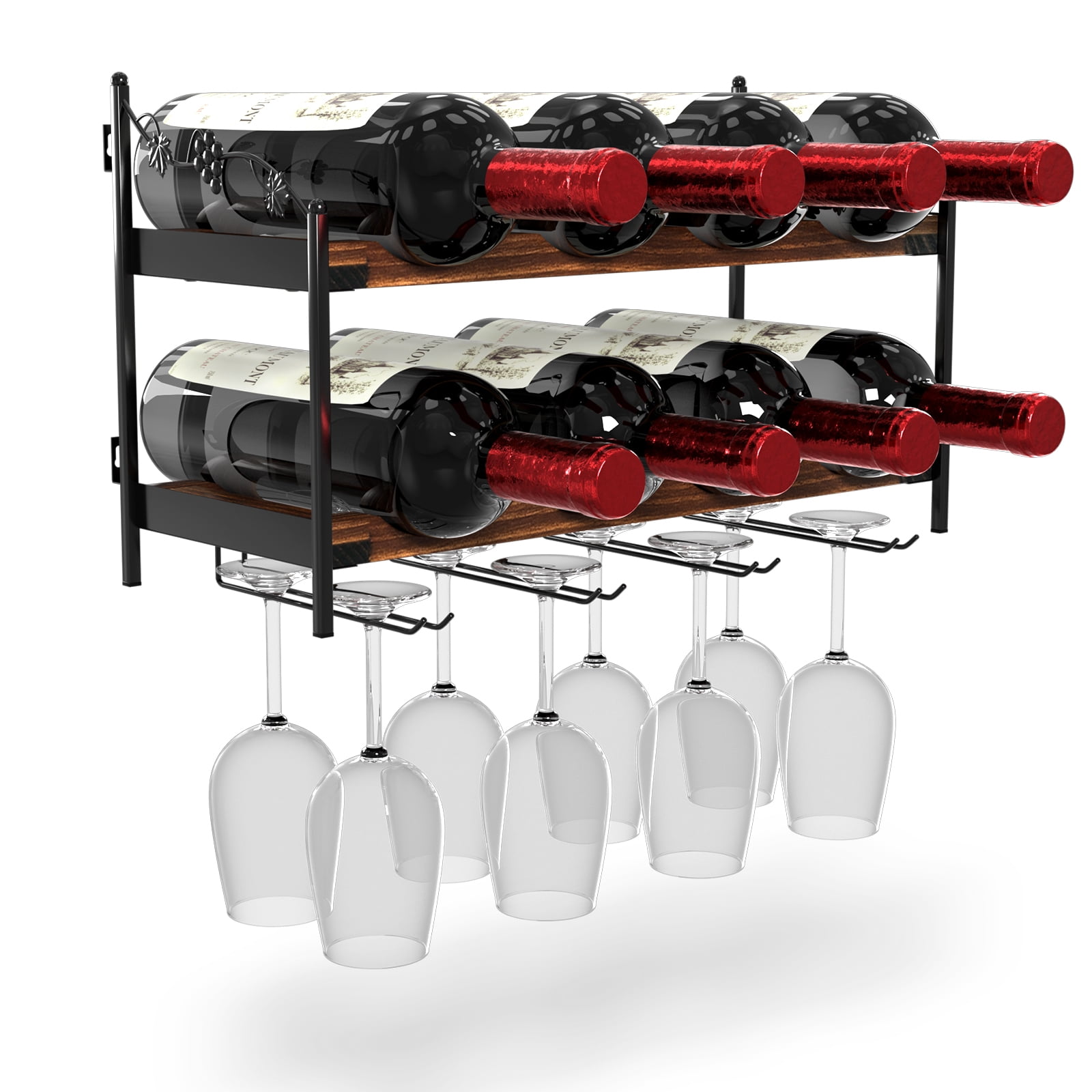 Wood Metal Wine Rack for Wall - Holds 8 Wine Bottles and 8 Stemware ...