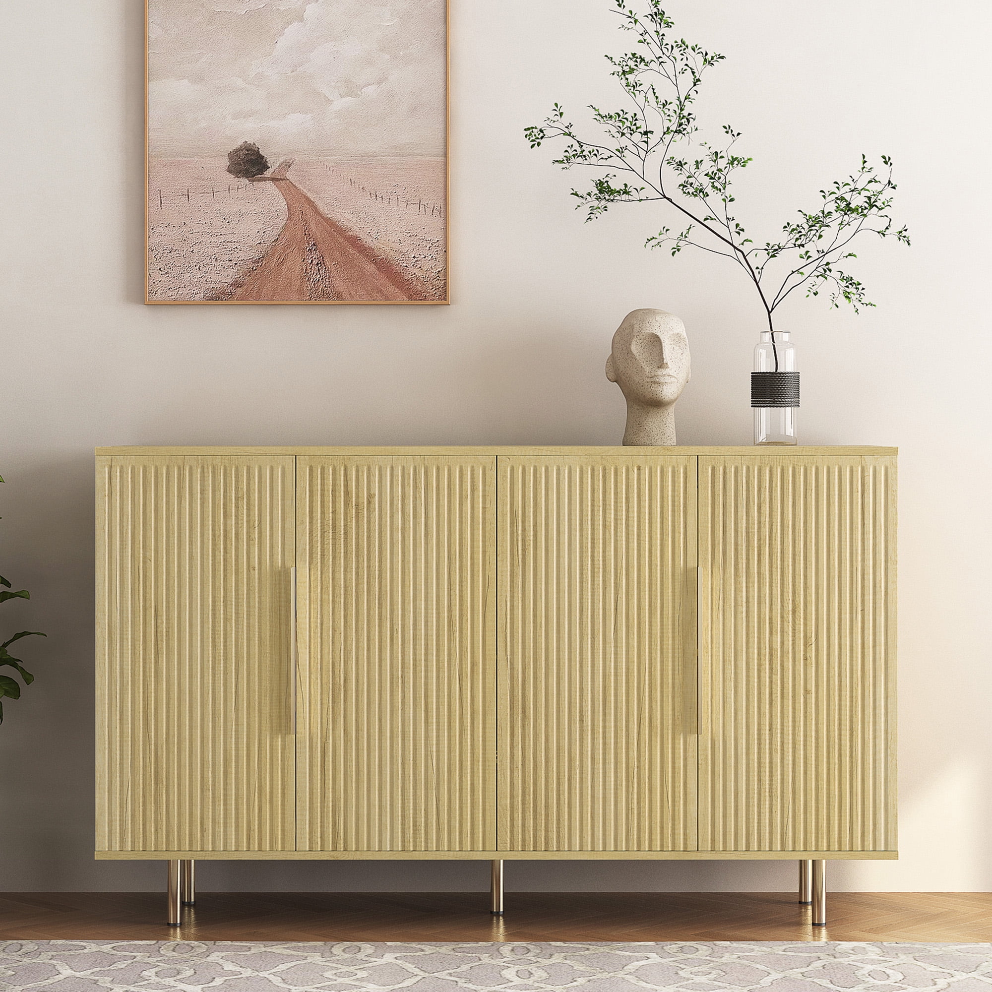 Wood Modern Buffet Cabinet with Storage, Fluted Sideboard Large Buffet with Adjustable Shelves ...