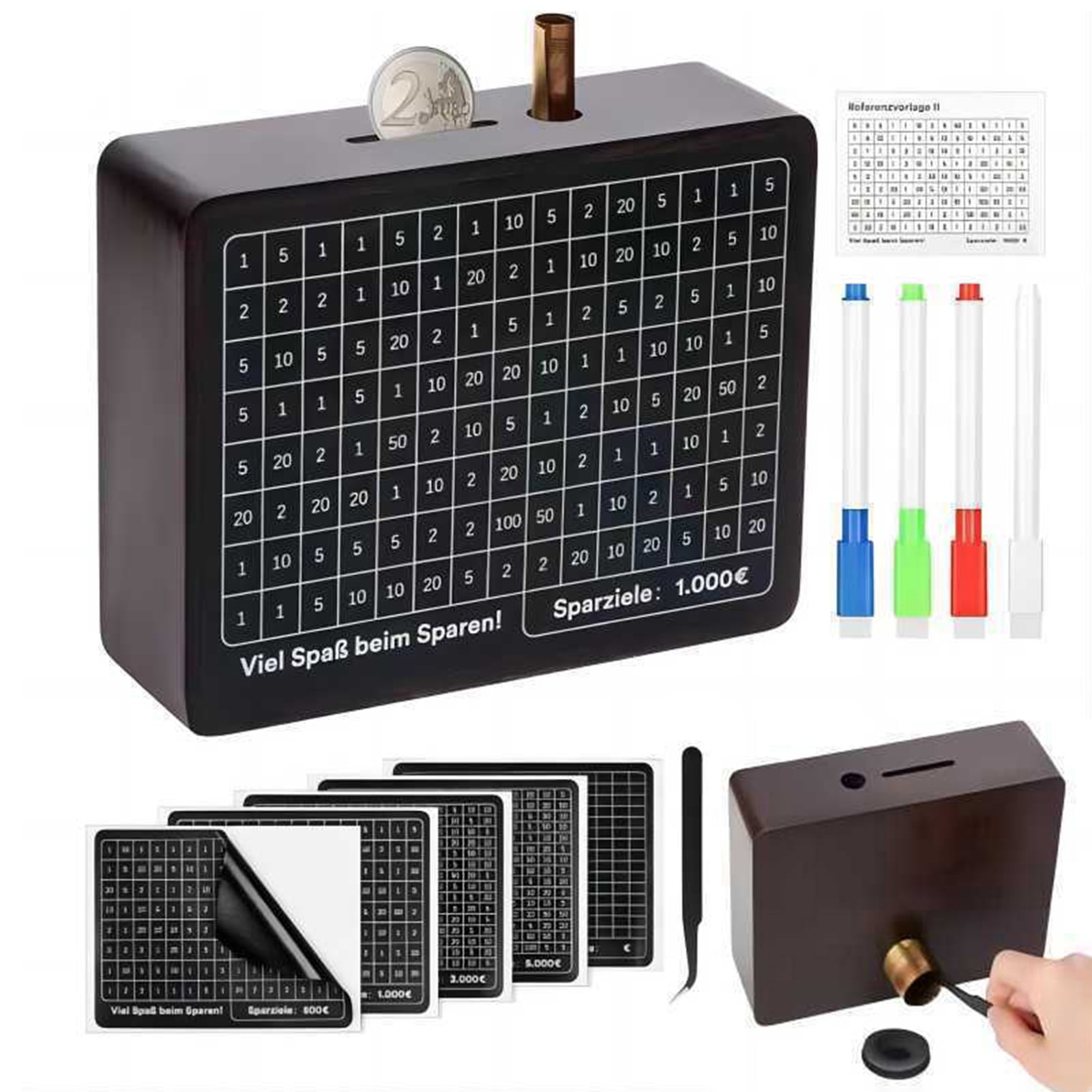 Wood Money Box with Euro Target Number Sticker Marker Pen Large ...