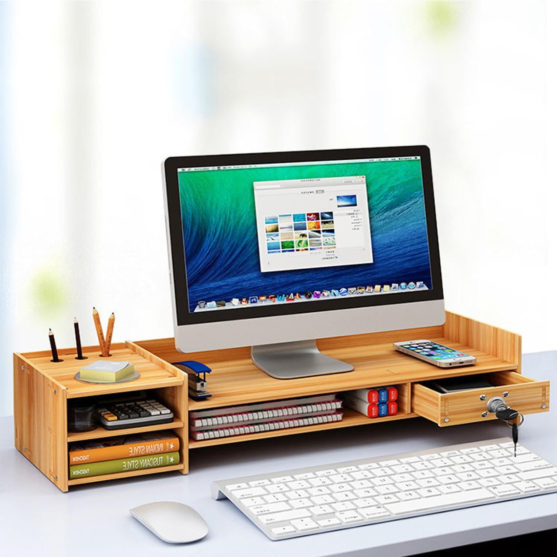 Wood Monitor Riser Stand and Computer Desk Organizer with Locked Drawer ...