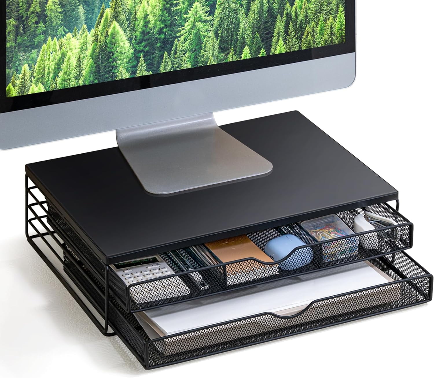 Wood Monitor Riser with Drawers, Mesh Metal Computer Monitor Stand ...