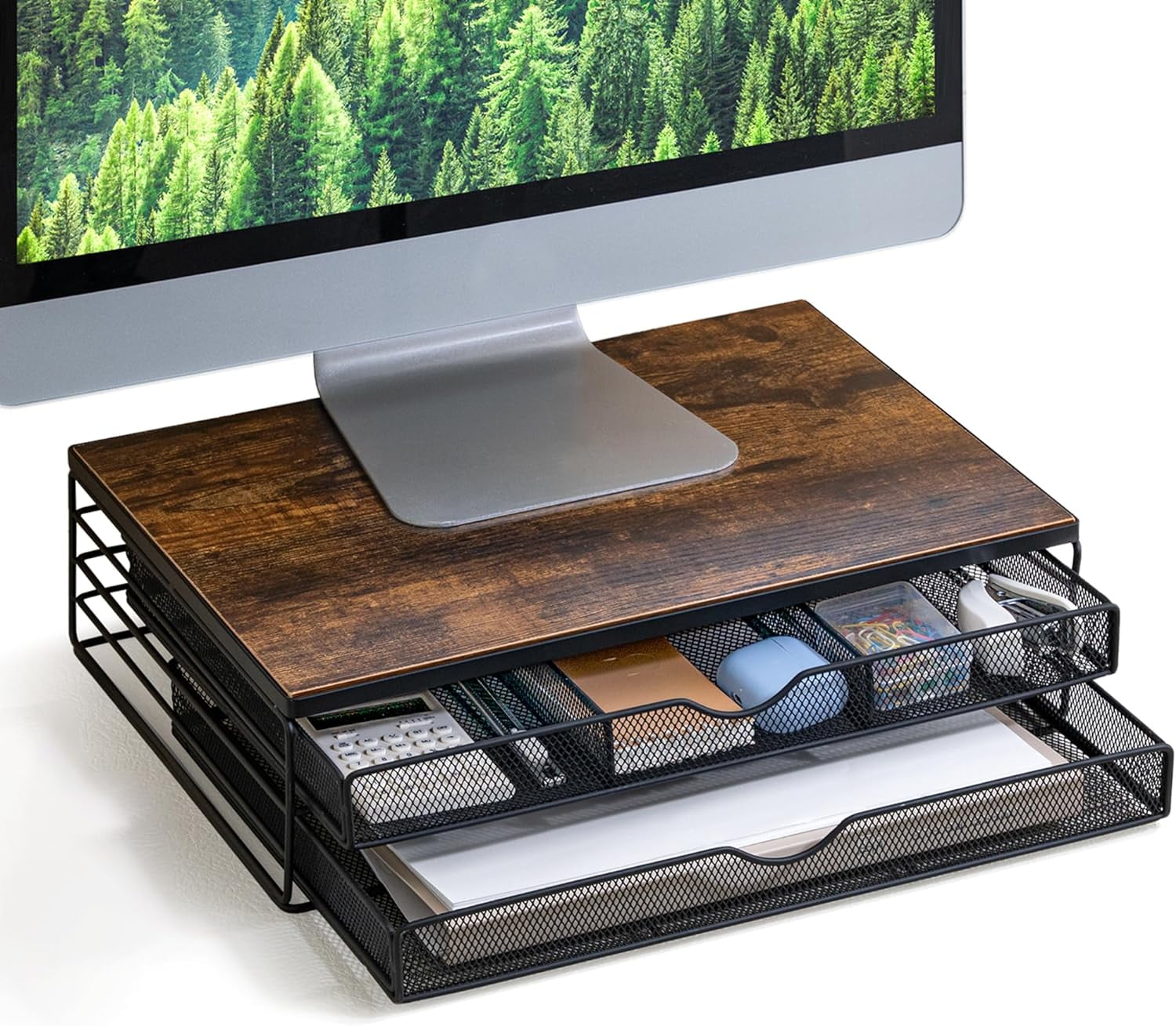 Wood Monitor Riser with Drawers, Mesh Metal Computer Monitor Stand ...