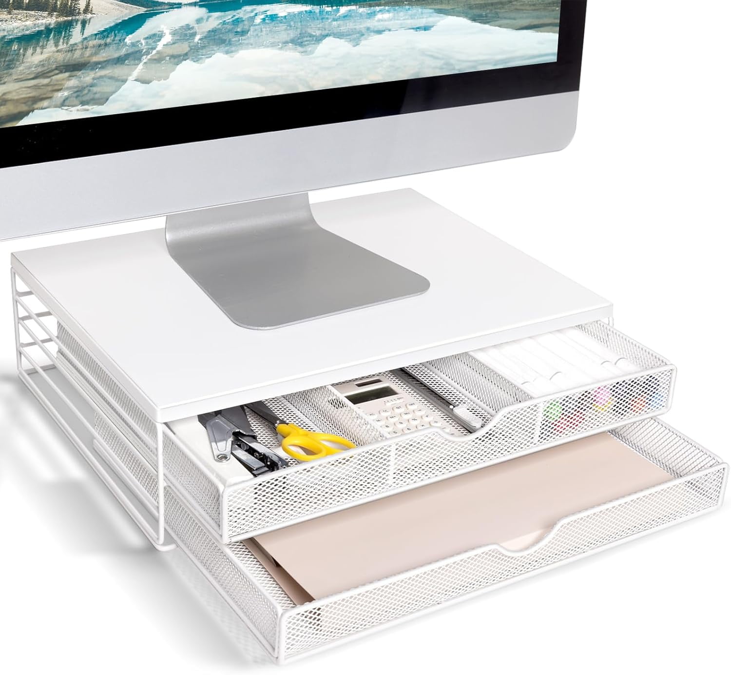 Wood Monitor Riser with Drawers, Mesh Metal Computer Monitor Stand ...