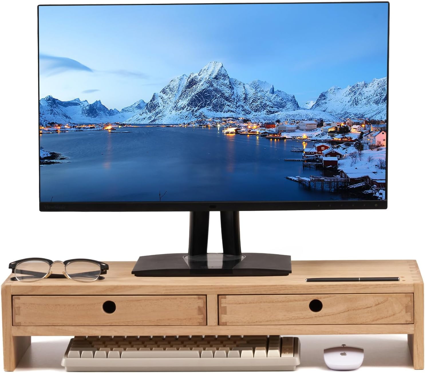 Wood Monitor Stand with 2 Drawers - Computer Arm Riser Desk Storage ...