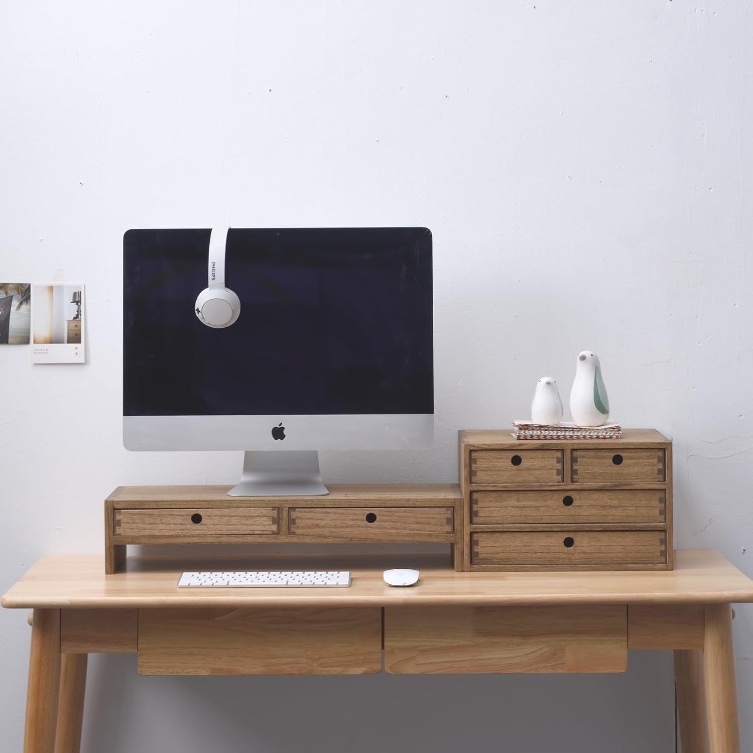 Wood Monitor Stand with 2 Drawers - Computer Arm Riser Desk Storage ...