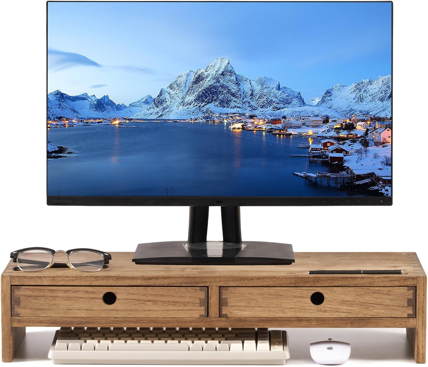 Wood Monitor Stand with 2 Drawers - Computer Arm Riser Desk Storage ...