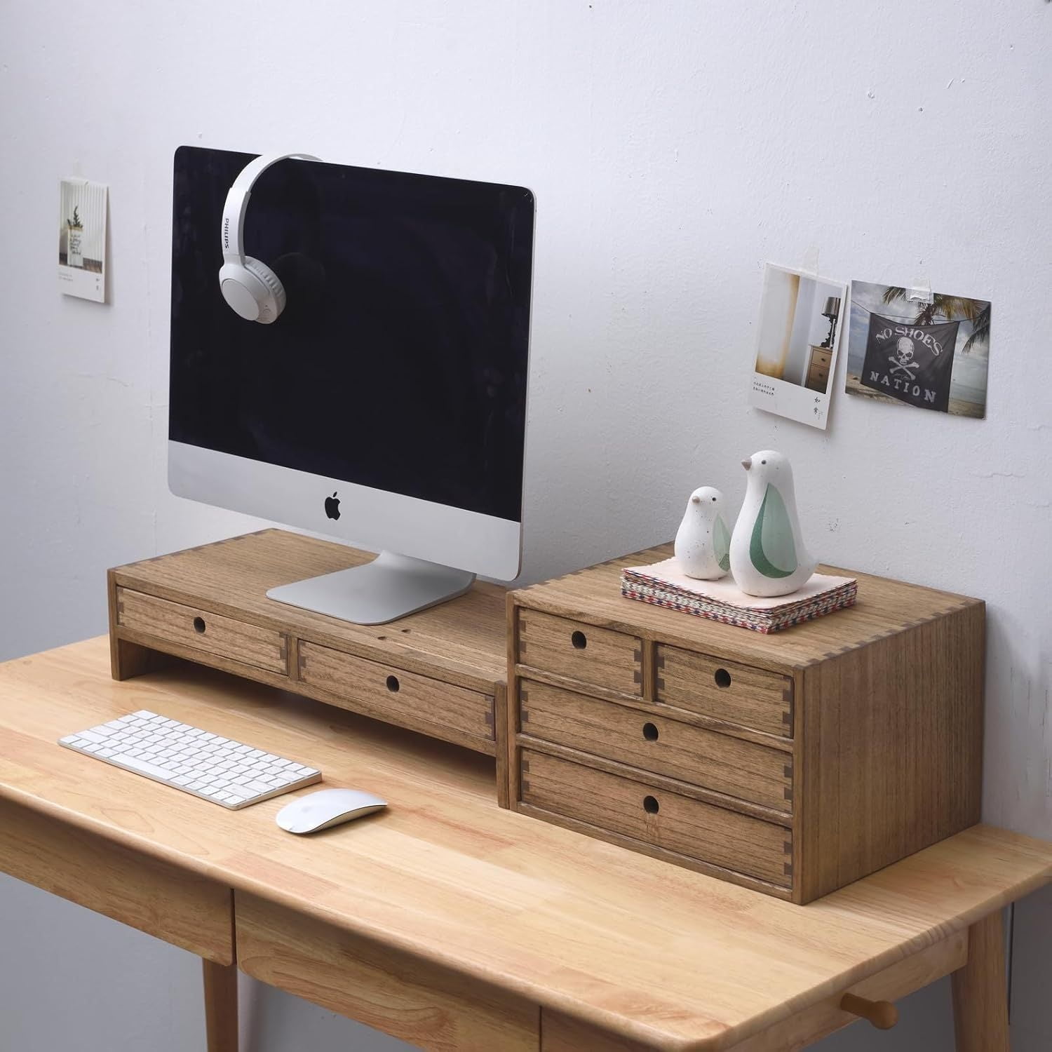 Wood Monitor Stand with 2 Drawers - Computer Arm Riser Desk Storage ...
