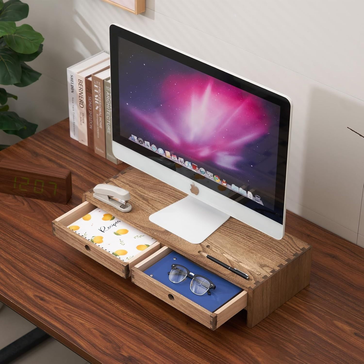 Wood Monitor Stand with 2 Drawers - Computer Arm Riser Desk Storage ...