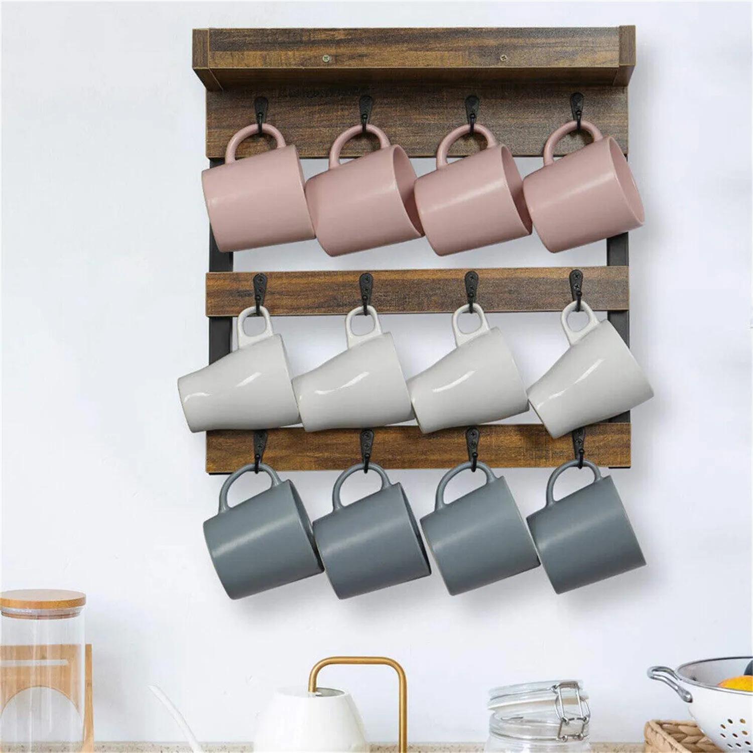 Wood Mug Rack Countertop Wall Coffee Cup Holder w/ 12 Hoook Kitchen Cup ...
