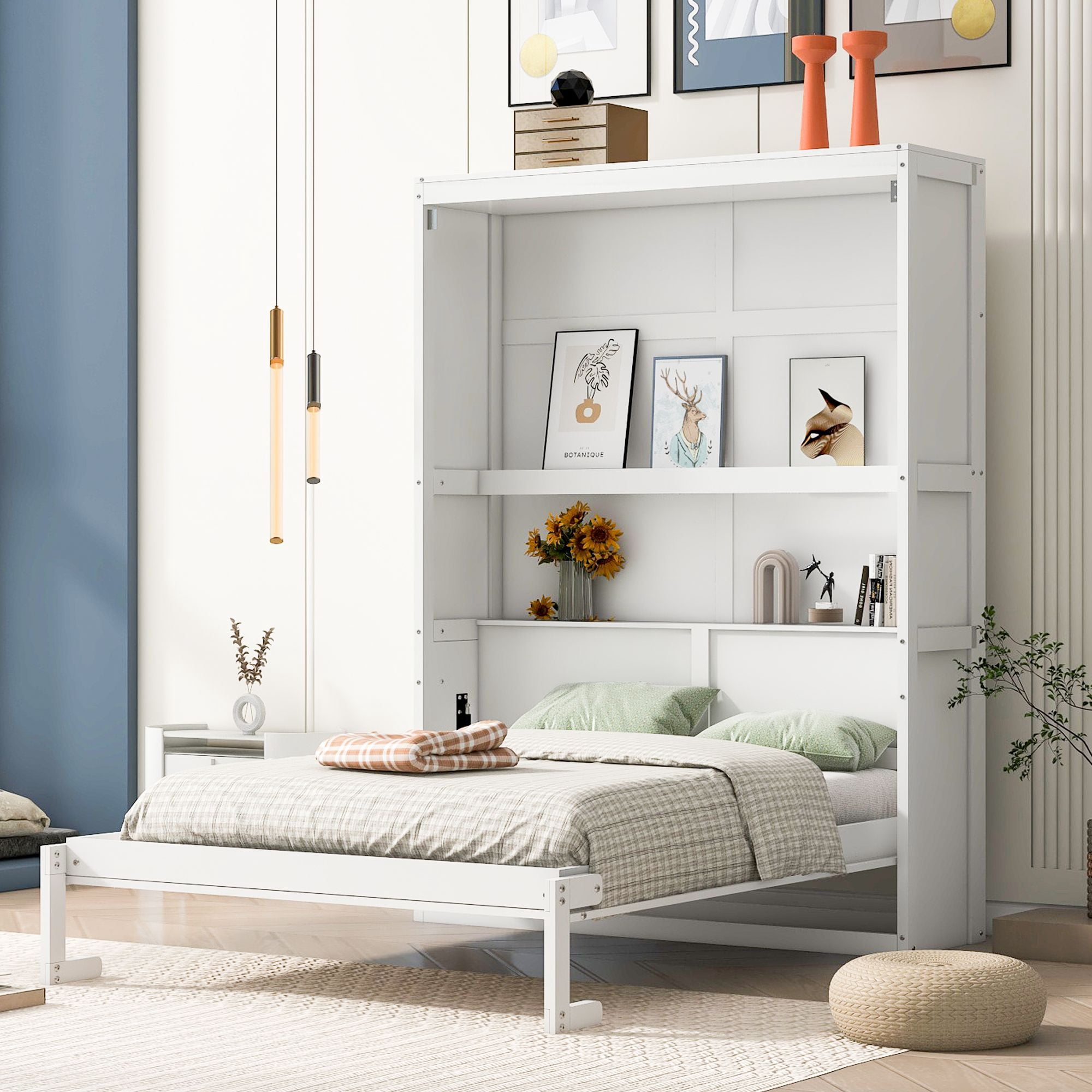 Wood Murphy Platform Bed Mattress Foundation with Shelves, Bed Frame ...