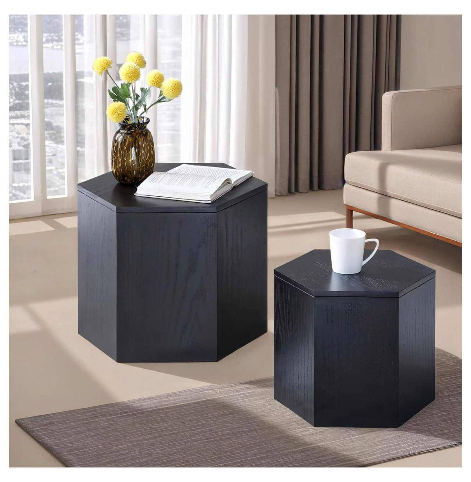 Wood Nesting Coffee Table Set of 5, Modern Round Coffee Table with Non-Slip Feet, Wooden Circle ...