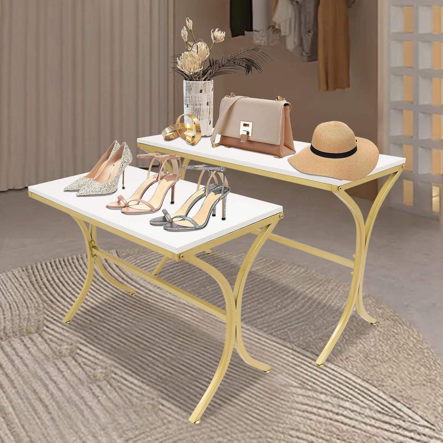 Wood Nesting Tables Set of 2, Floor Handbag Display Tables Standing Retail Display Stand Modern ...