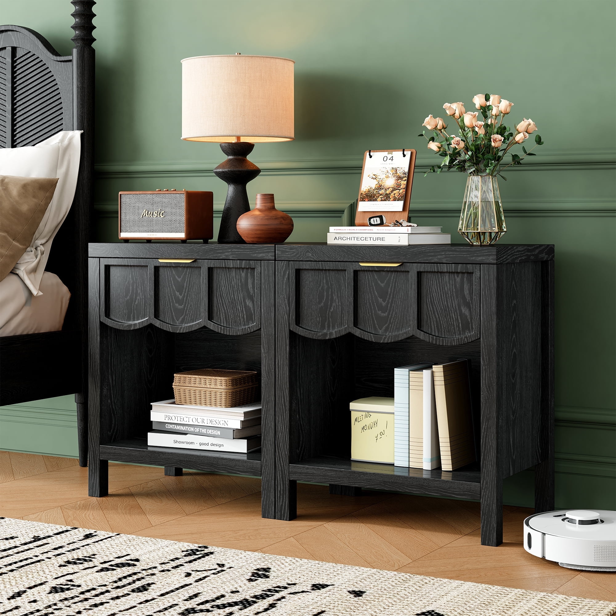 Wood Night Stand with Drawers, Fluted Night Stand Set of 2, Mid Century ...