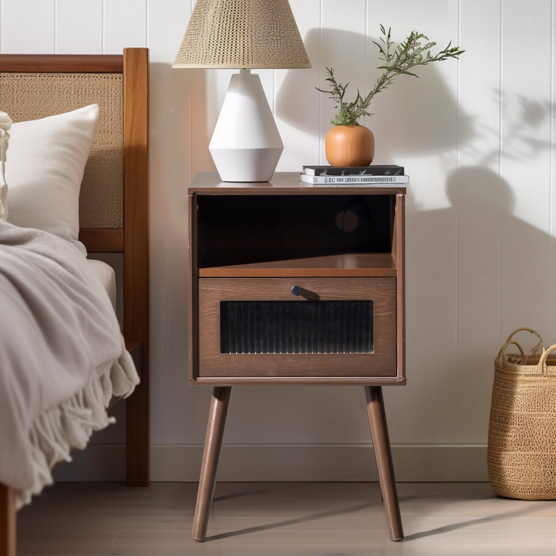 Wood Nightstand with 2USB+2 Socket, Small Side End Table with 1 Drawers ...