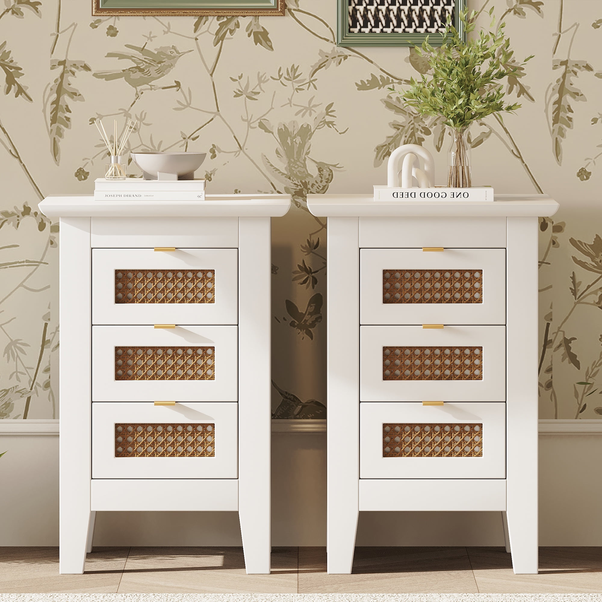 Wood Nightstand Set of 2, Modern Bedside Table with Three Rattan ...