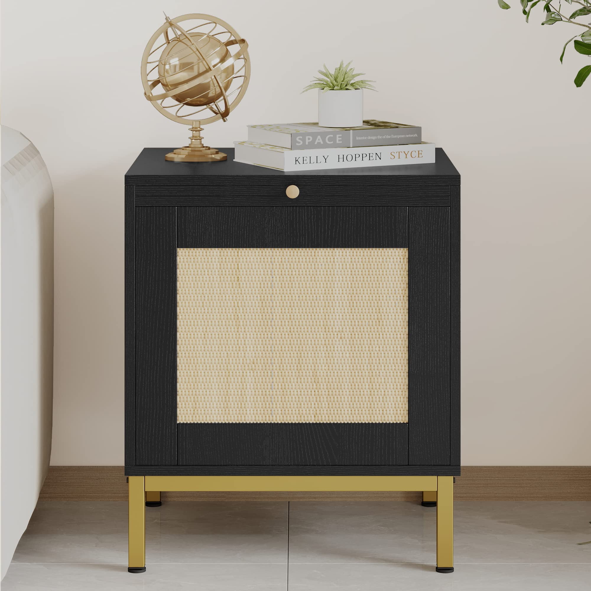 Wood Nightstand Side Table with Rattan Door, Square Accent End Table ...