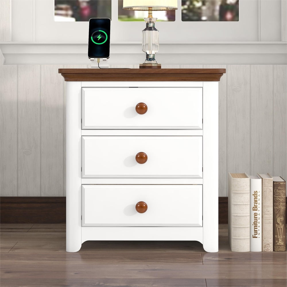 Wood Nightstand Side Table with USB Charging Ports and 3 Drawers ...