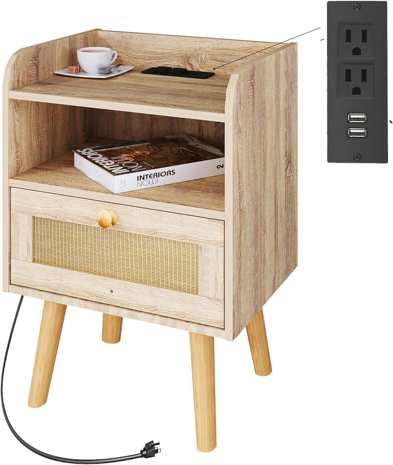 Wood Nightstand with Charging Station，Bed Side Table with Rattan Decor ...