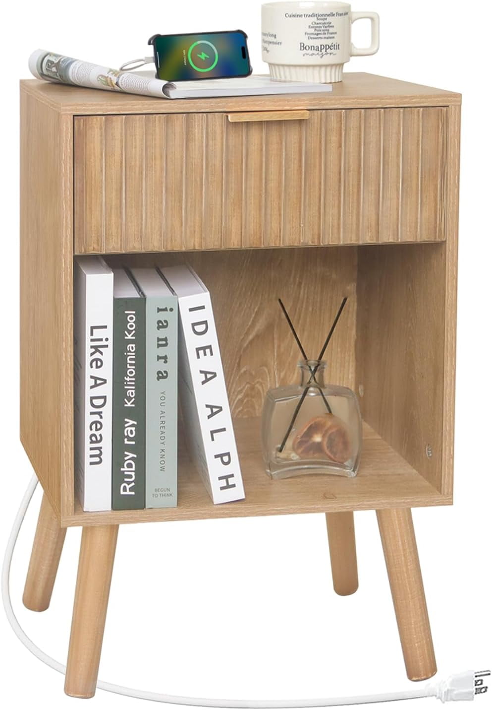 Wood Nightstand with Charging Station, Bedside Table with Fluted ...