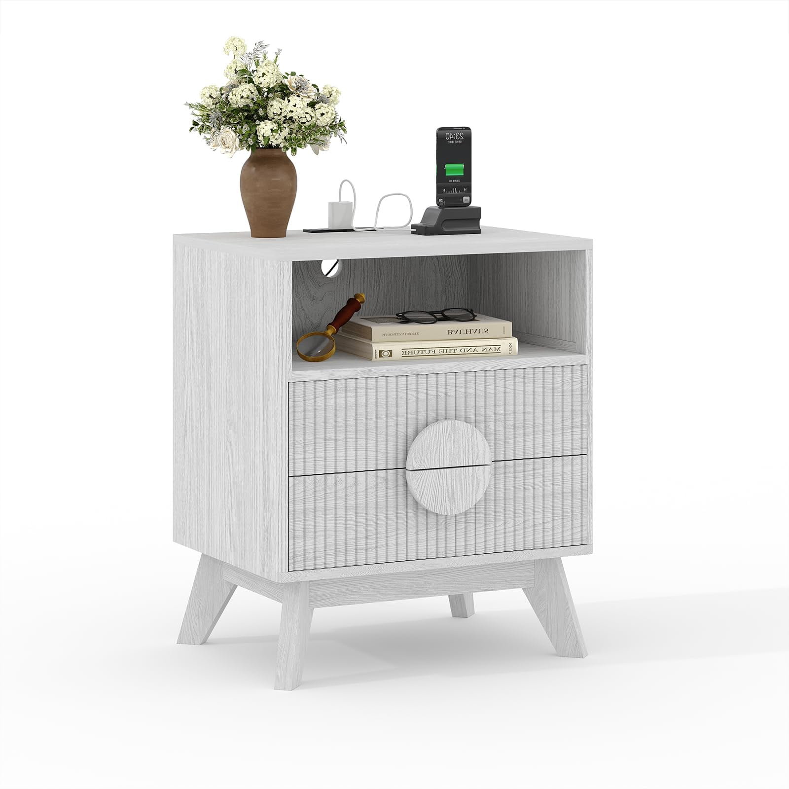 Wood Nightstands,Fluted Night Stand with Charging Station - USB Ports ...