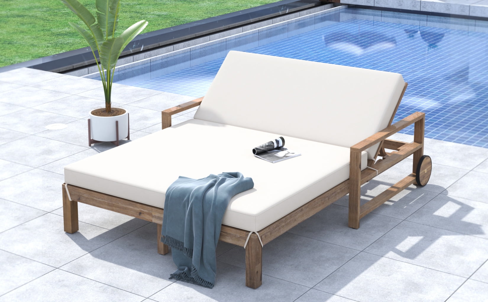 Wood Outdoor Patio Daybed Sunbed with Movable Wheels, All Weather ...