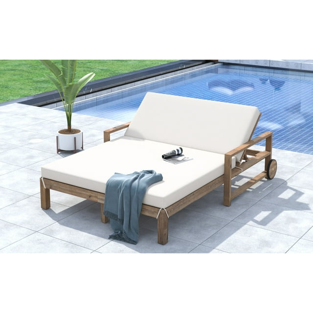 Wood Outdoor Patio Daybed Sunbed with Movable Wheels, All Weather ...