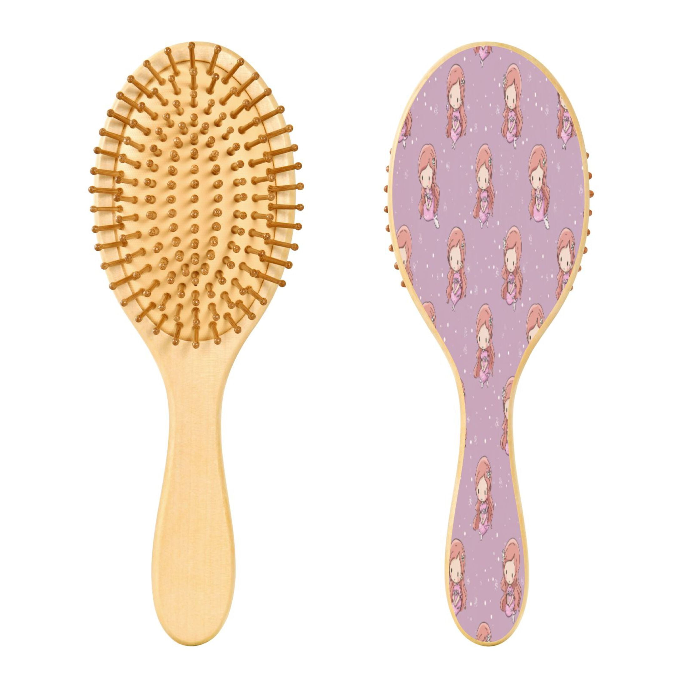 Wood Paddle Brush with Cushion & Round Hair Brush Cartoon Mermaid ...