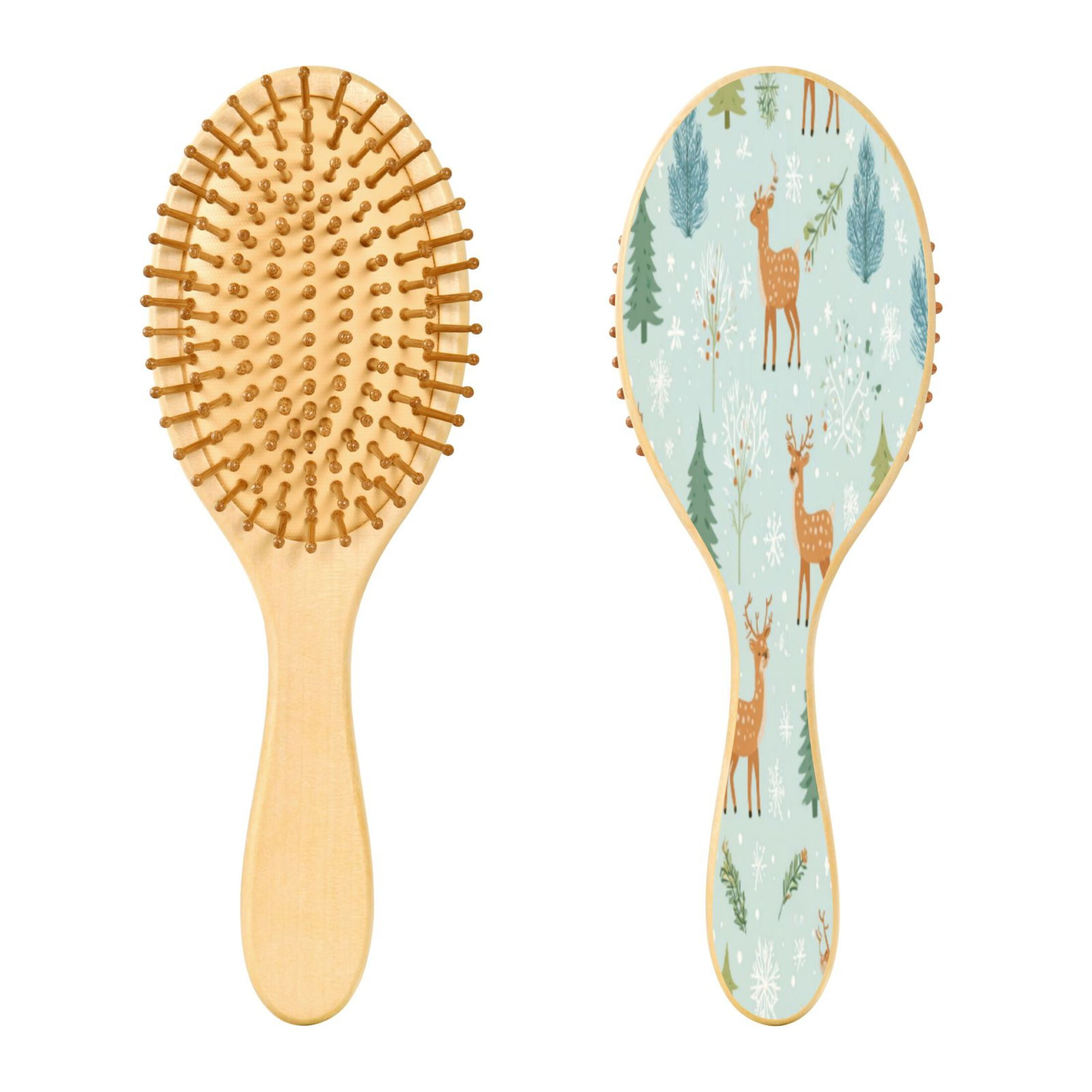 Wood Paddle Brush with Cushion & Round Hair Brush Deer and Pine Trees ...
