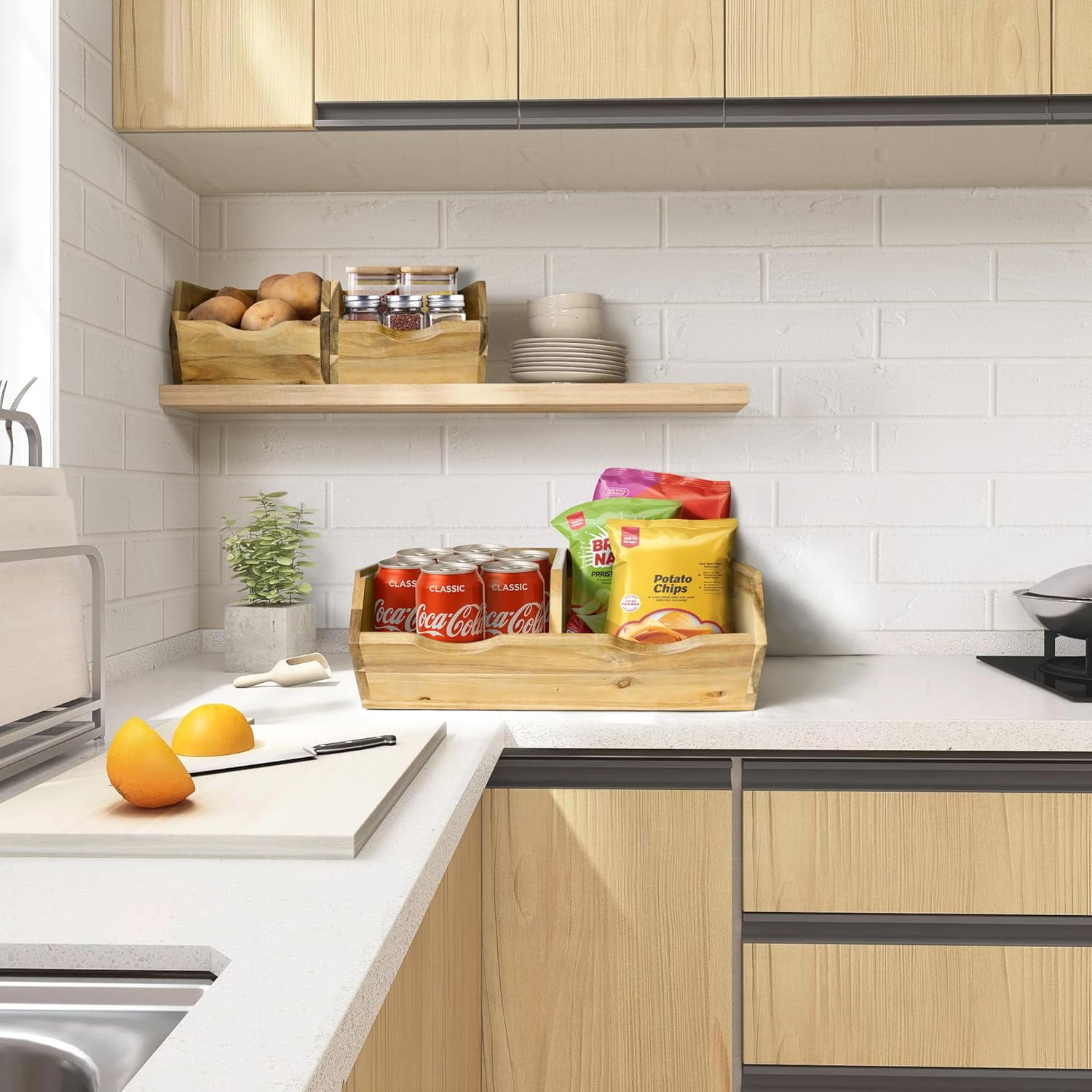 Wood Pantry Organizers Bins - Stackable Storage with Natural Grain, Set ...