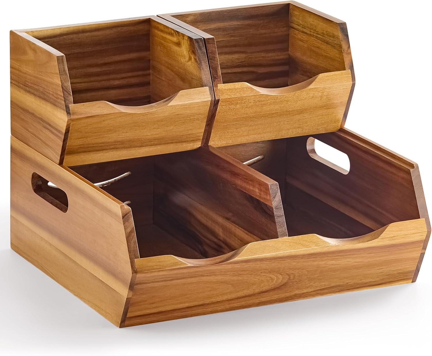 Wood Pantry Storage Bins - Stackable Open Front Kitchen Baskets with ...