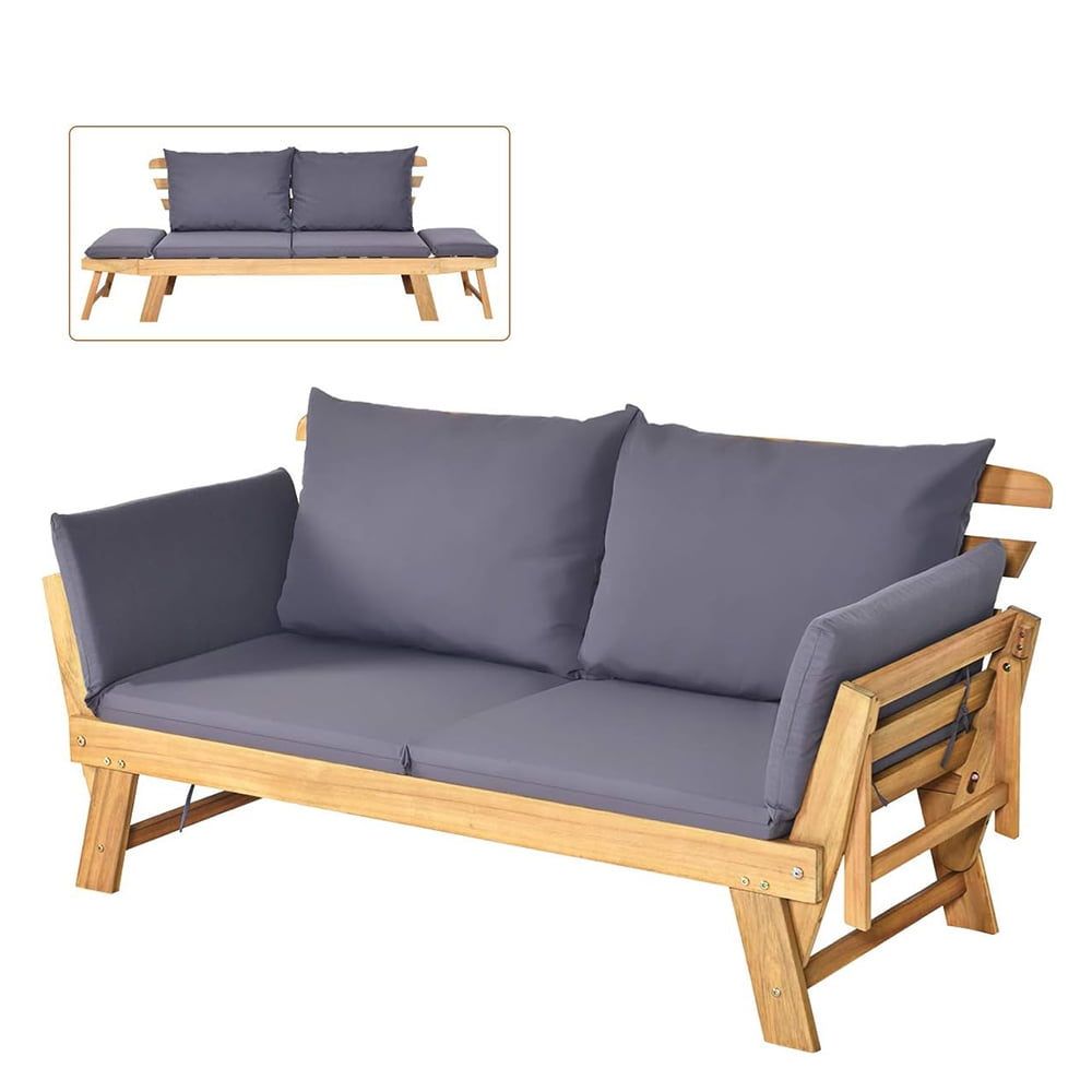 Wood Patio Convertible Couch Sofa Bed with Adjustable Armrest, Outdoor ...