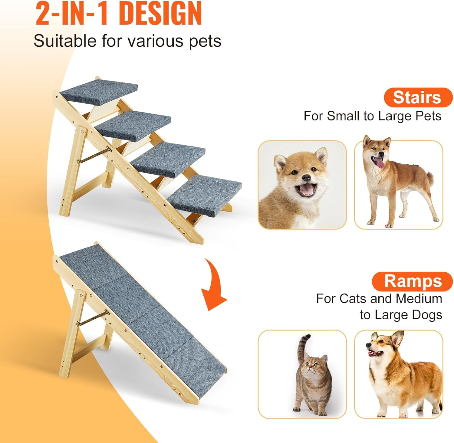 Wood Pet Stairs/Pet Steps, 2-in-1 Foldable Wooden Dog Stair for Beds ...
