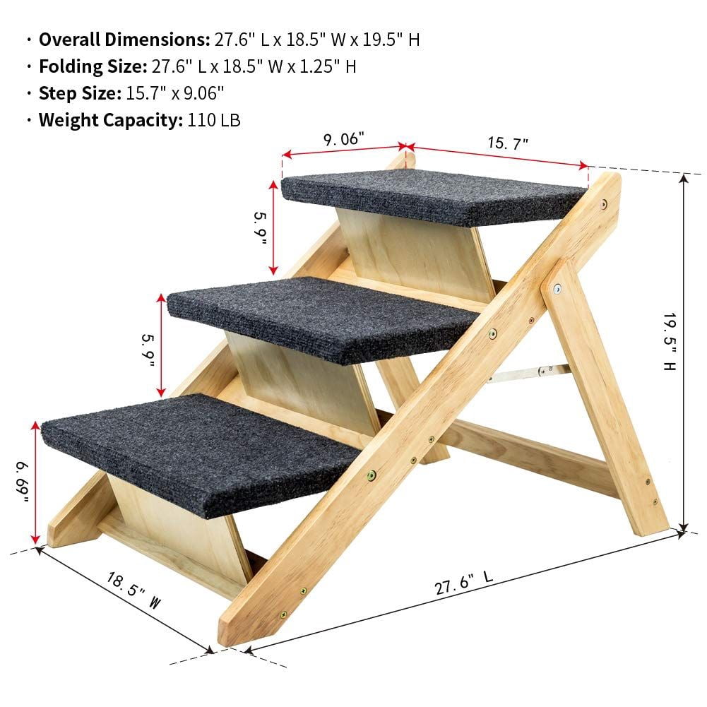 Wood Pet Stairs/Pet Steps - Foldable 3 Levels Dog Stairs & Ramp Perfect ...