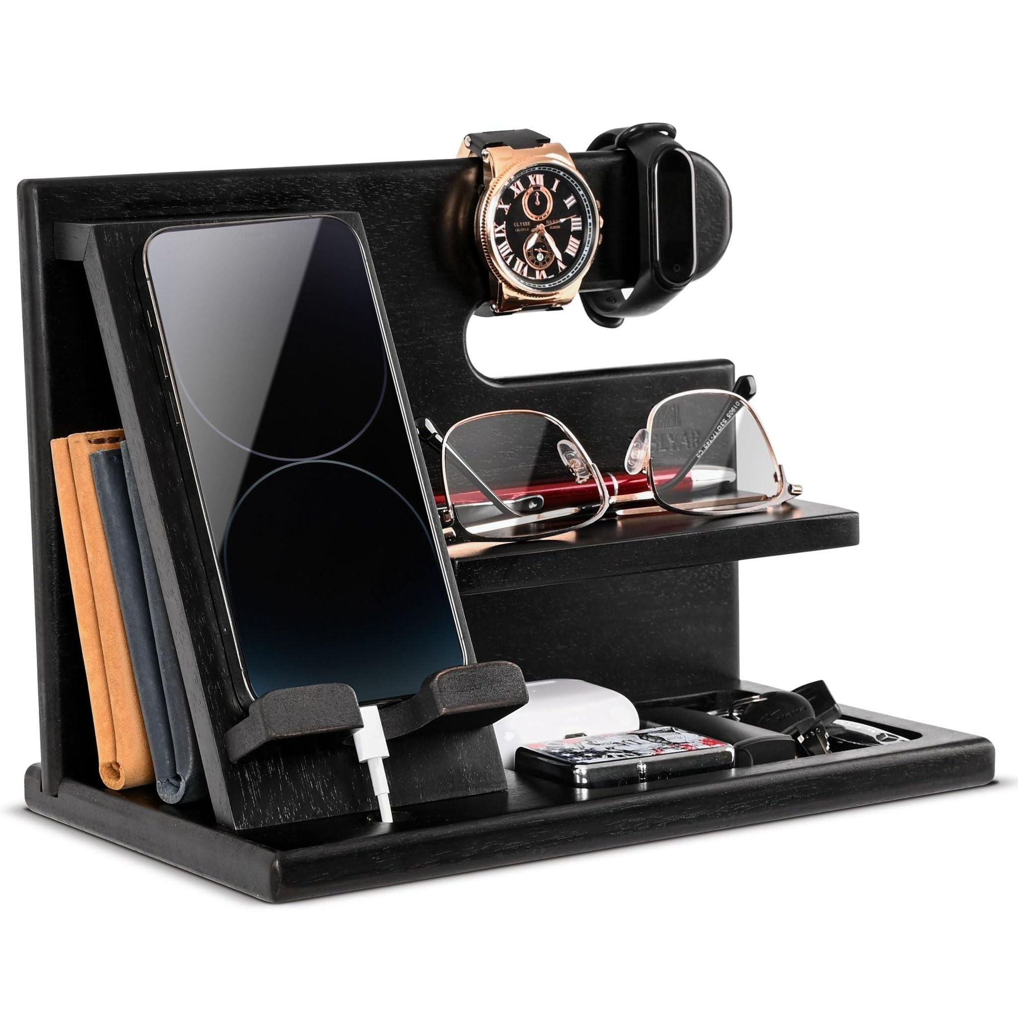 Teslyar Wood Docking Station with Key Holder Stand, Wallet & Essentials ...