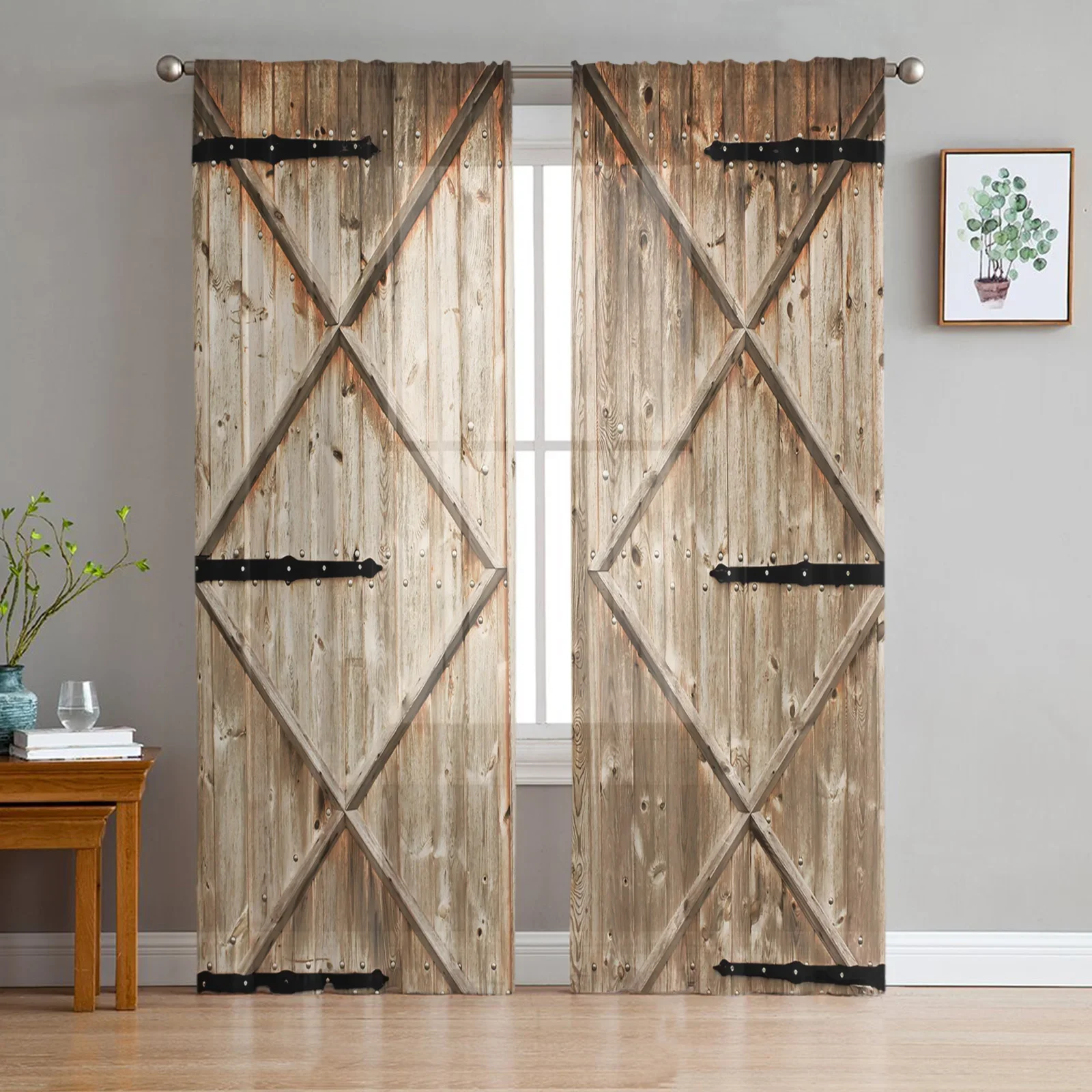 Wood Plank Texture Tulle Curtains for Living Room Printed Sheer Voile ...