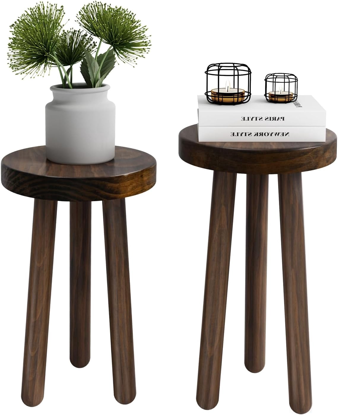 Wood Plant Stand Set of 2 (18+16" Tall) - Dark Walnut Round Solid Wood ...