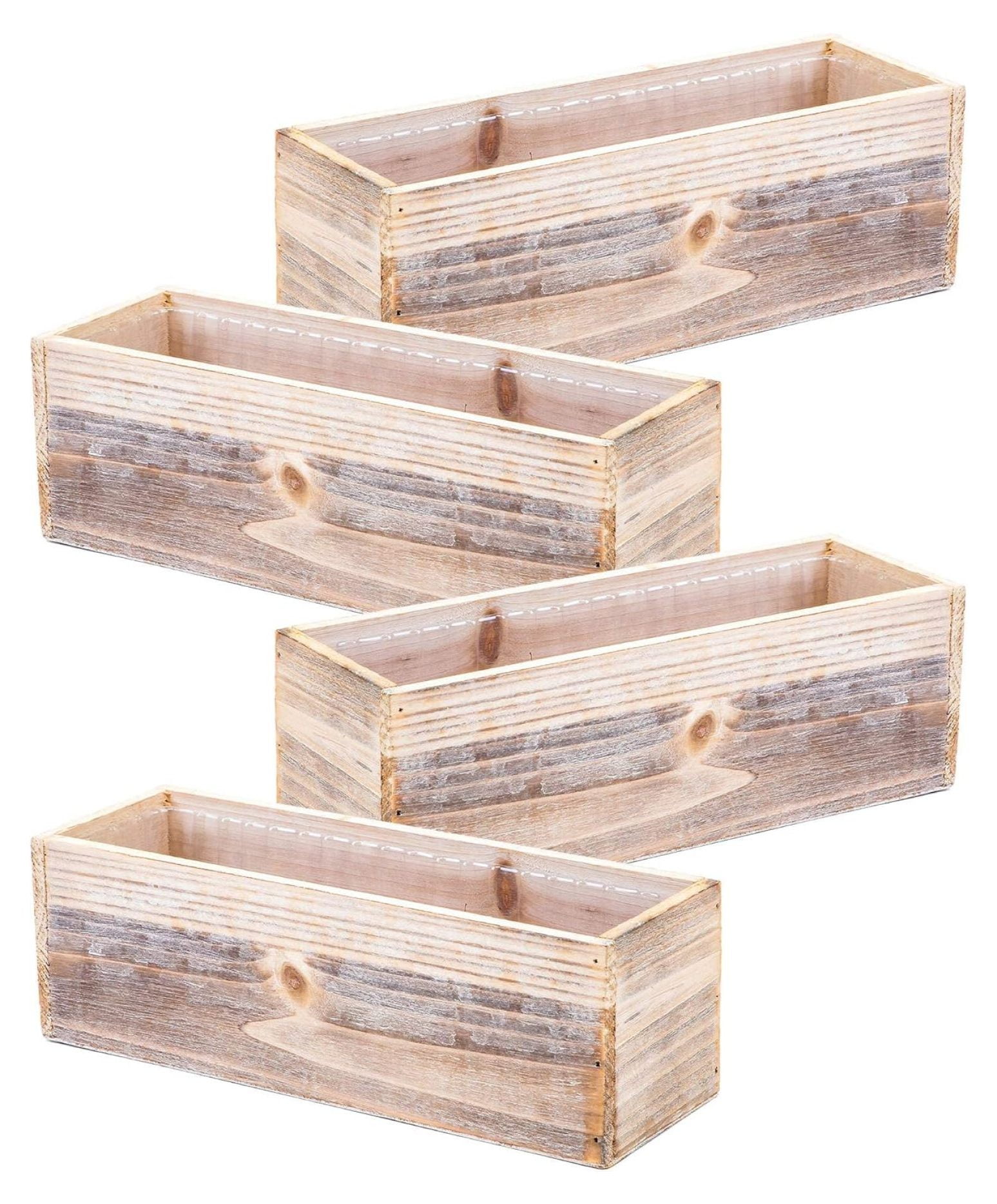 Wood Planter Box Set, Rustic Whitewash, Plastic Liner, 12x4 Inch ...
