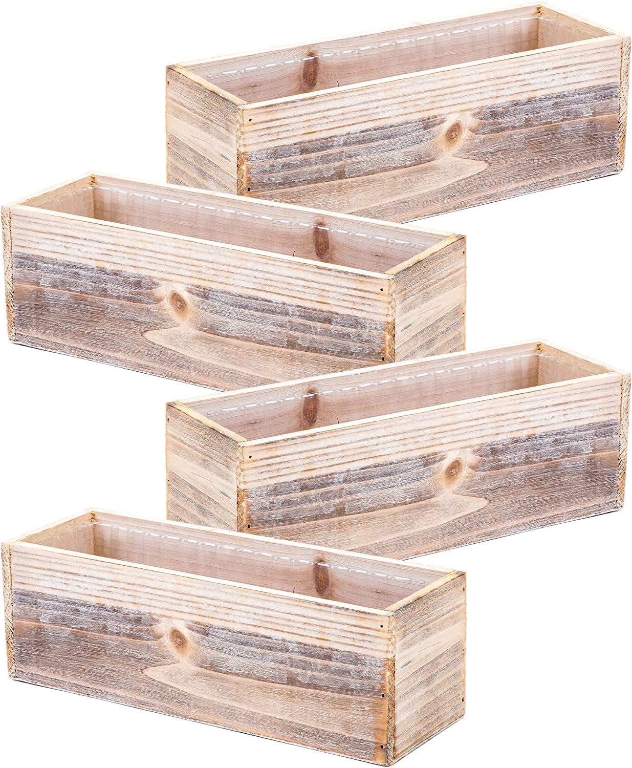 Wood Planter Box Set, Rustic Whitewash, Plastic Liner, 12x4 Inch ...