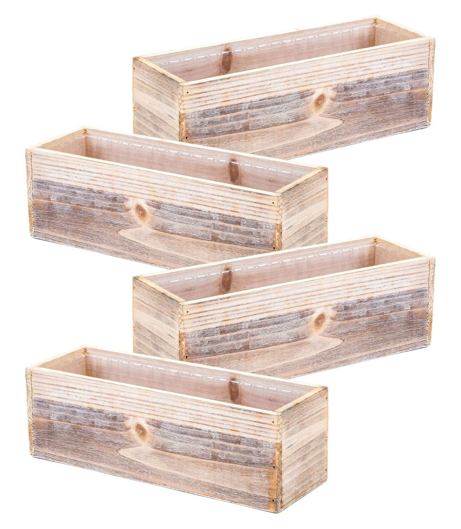 Wood Planter Box Set, Rustic Whitewash, Plastic Liner, 12x4 Inch ...