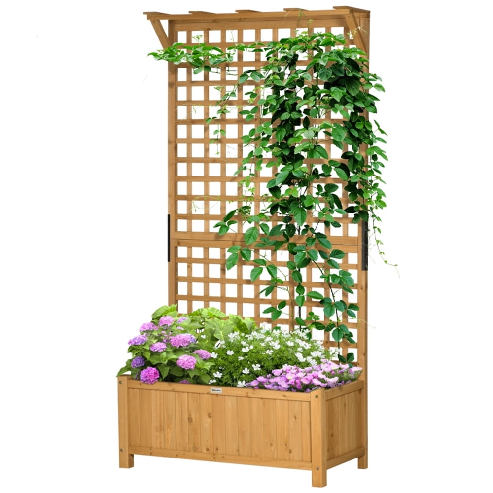 Wood Planter Box with Lattice Trellis, Wood Raised Garden Bed for ...