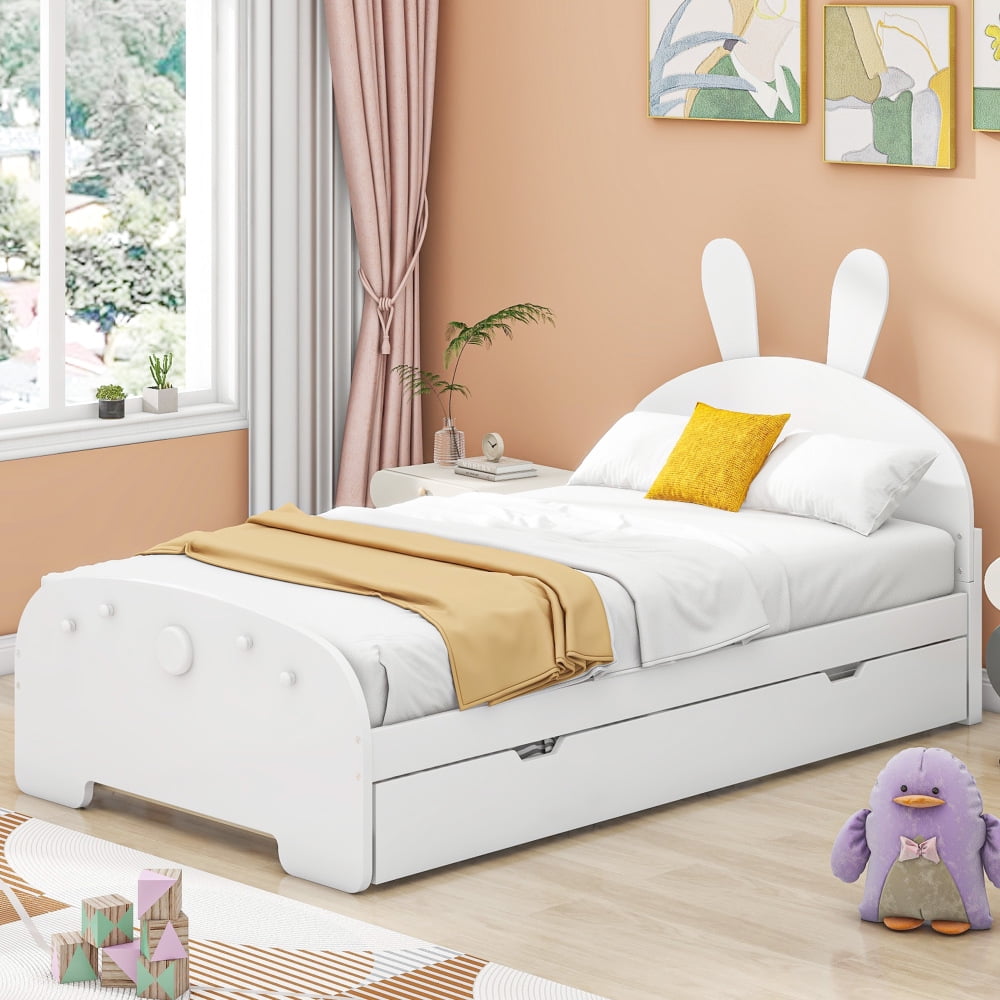 Wood Platform Bed Frame with Cartoon Ears Shape Headboard Footboard and ...